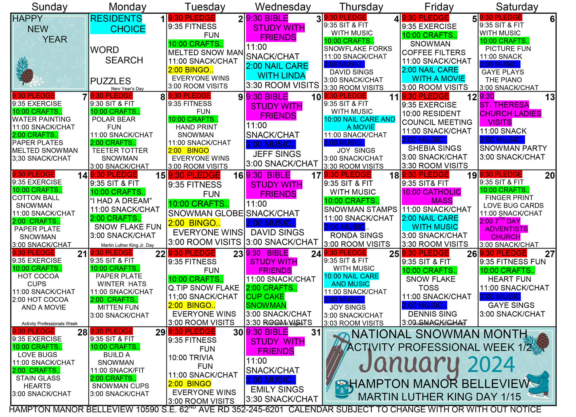 Belleview Activities Calendar - Hamptonmanor