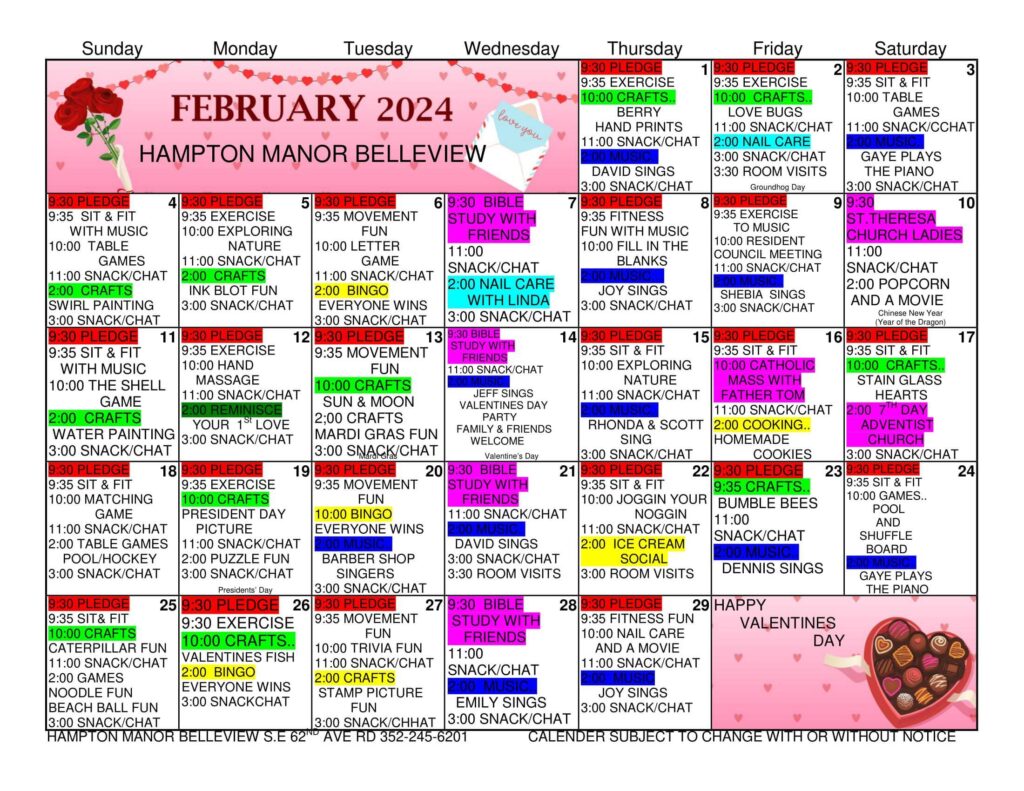 Belleview February 2024 Activities Calendar - Hamptonmanor