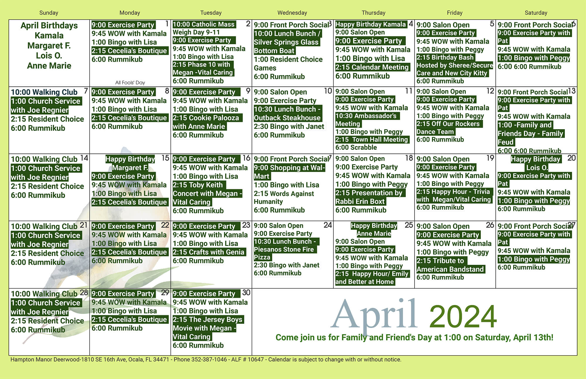 Deerwood April 2024 Activities Calendar - Hamptonmanor